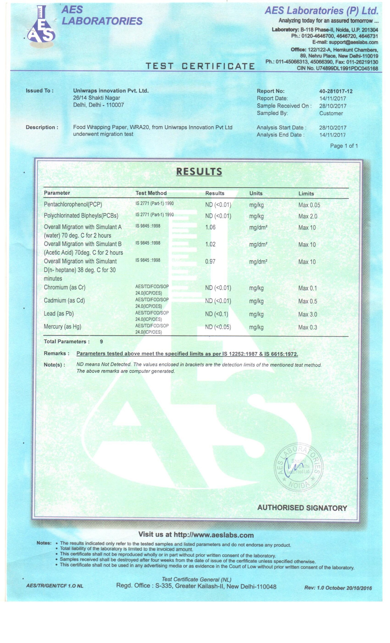 Product Test Certificate – Oddy uniwraps